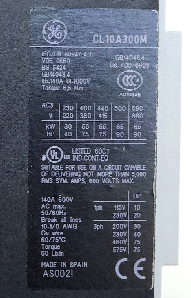 General Electric CL10A300M 3 Pole 600V Contactor w/120V Coil ...