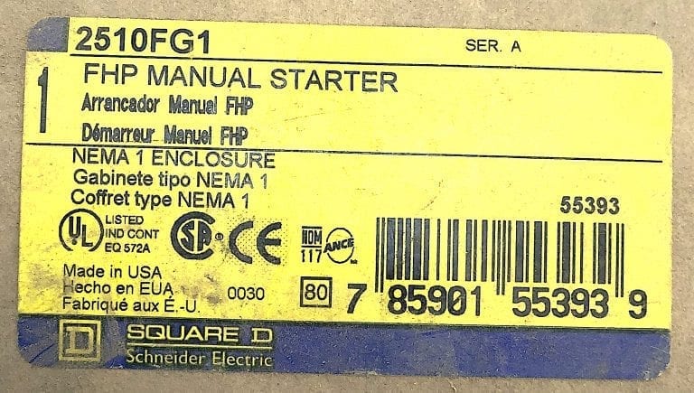 Square D 2510FG1 Type 1 Surplus FHP Manual Starter (NIB)
