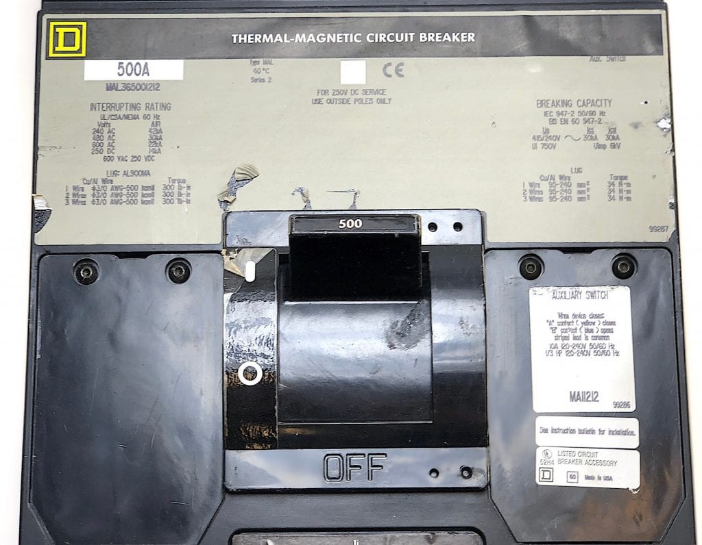 Square D MAL365001212 3 Pole 500 Amp 600Vac Circuit Breaker w/Aux