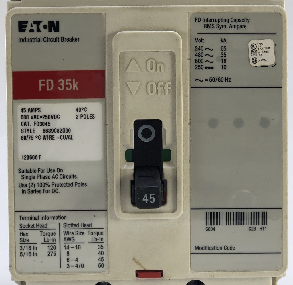 Eaton Cutler Hammer FD3045 3 Pole 45 Amp 600 Vac Circuit Breaker (M2 ...