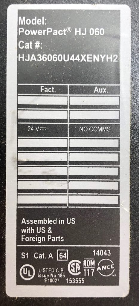 Square D HJA36060U44XENYH2 3P 60A 600V I-Line Circuit Breaker