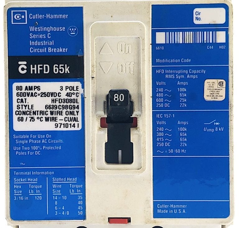 Cutler Hammer Westinghouse HFD3080L 3 Pole 80 Amp 600 Vac Circuit ...
