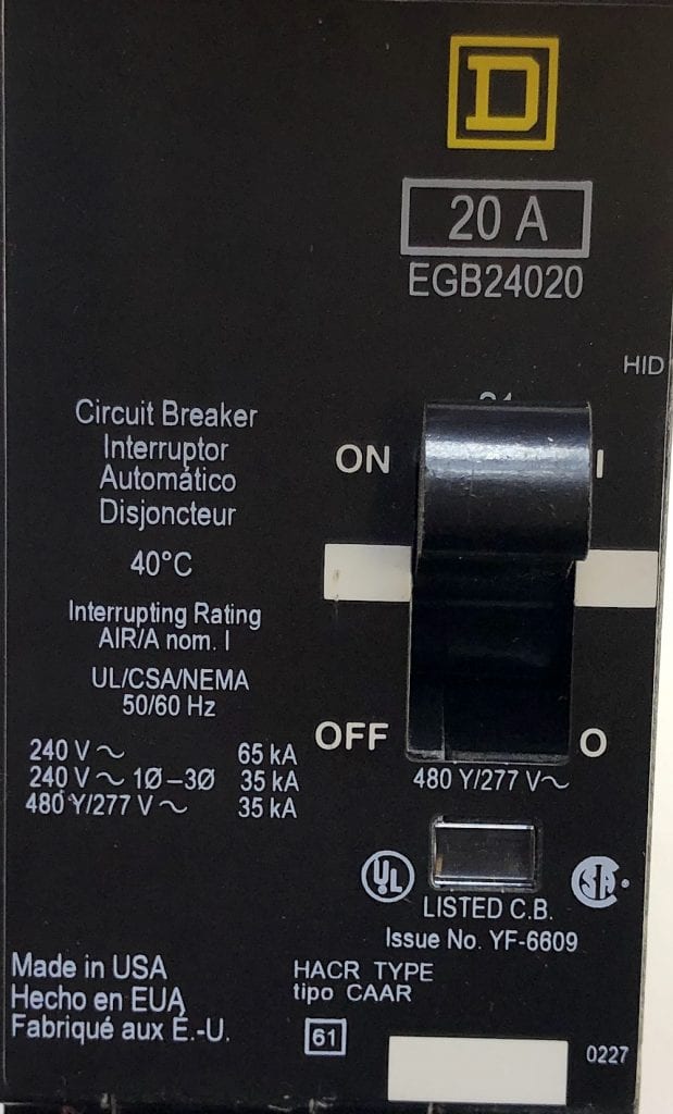 Square D EGB24020 2 Pole 20 Amp 480 Vac Circuit Breaker | Electrical ...