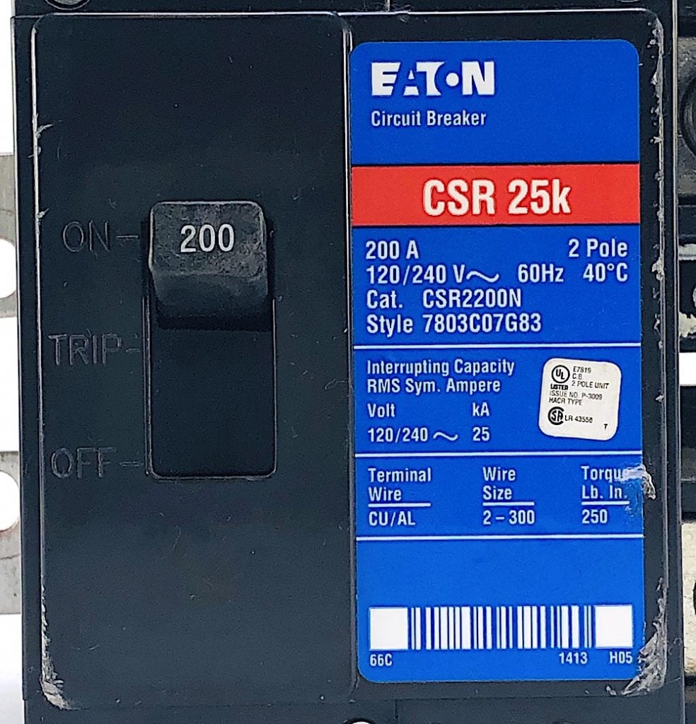 Eaton Cutler Hammer CSR2200N 2 Pole 200 Amp 120/240 Vac Circuit Breaker ...