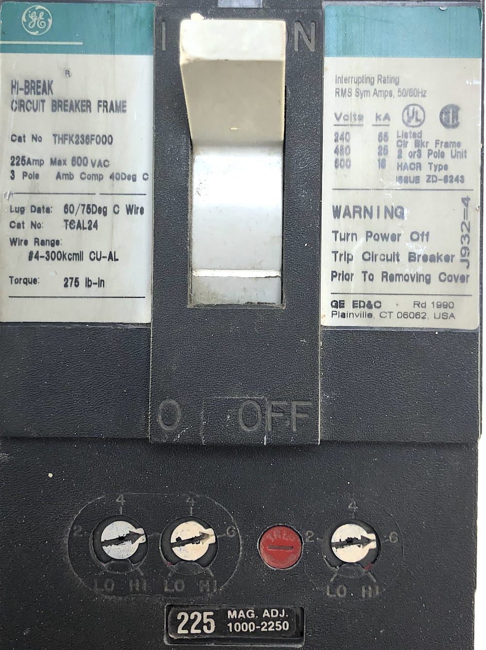 General Electric THFK236F000 3 Pole 225 Amp 600 Vac Circuit Breaker (T3 ...