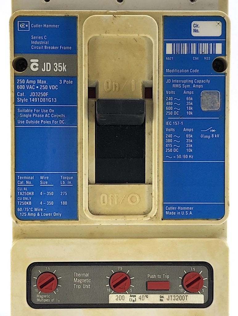 Cutler Hammer JD3250F 3 Pole 250 Amp 600 Vac Circuit Breaker w/200A ...