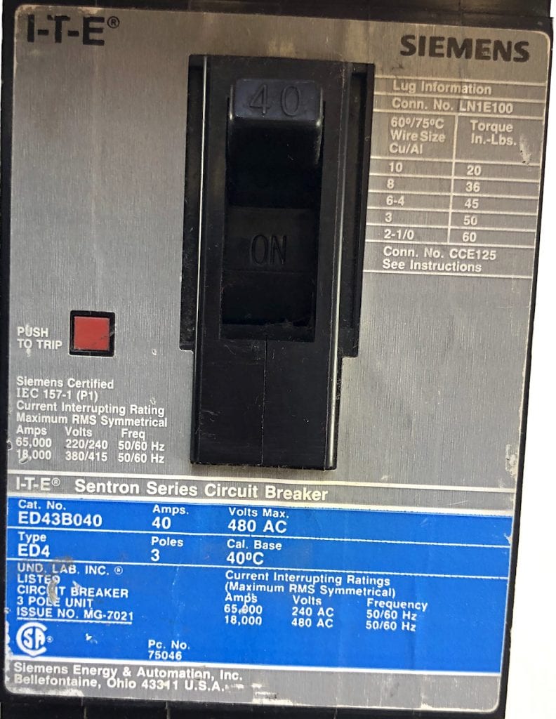 ITE Siemens ED43B040 3 Pole 40 Amp 480 Vac Circuit Breaker (V4 ...