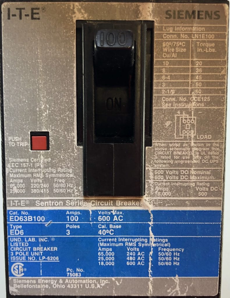 ITE Siemens ED63B100 3 Pole 100 Amp 600 Vac Circuit Breaker (W3) | Electrical Power and Control ...