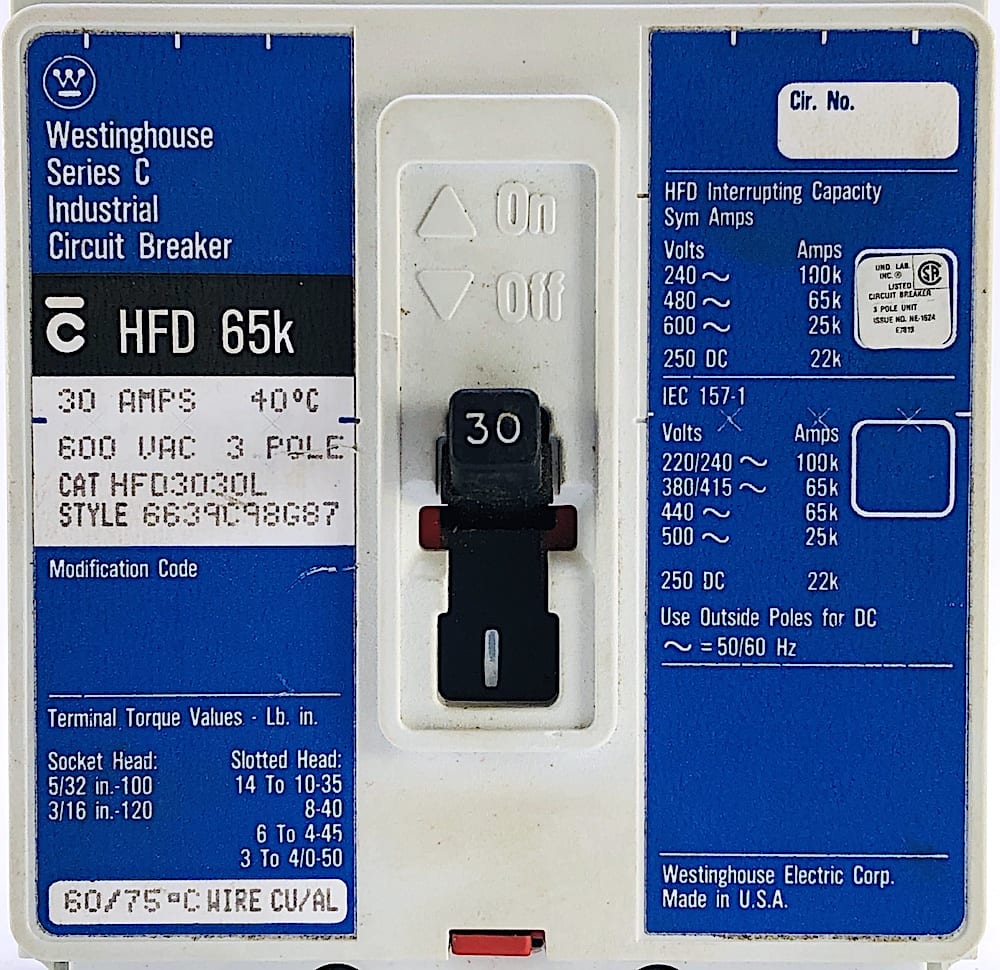 Westinghouse HFD3030L 3 Pole 30 Amp 600 Vac Circuit Breaker (R5 ...