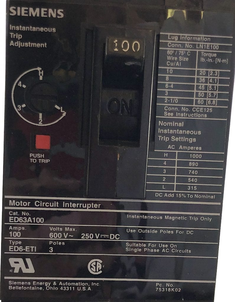 Siemens ED63A100 3 Pole 100 Amp 600 Vac Circuit Breaker (V4 ...