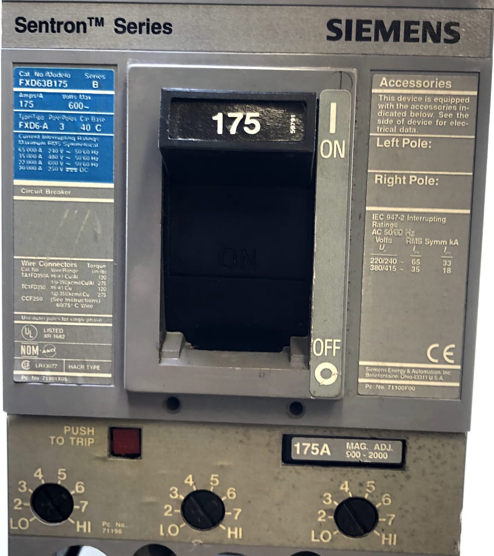 Siemens FXD63B175 3 Pole 175 Amp 600 Vac Circuit Breaker w/175 Amp Trip ...