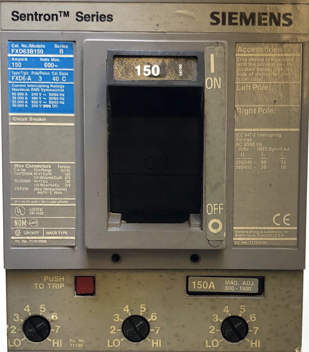 Siemens FXD63B150 3 Pole 150 Amp 600 Vac Circuit Breaker w/150 Amp Trip ...