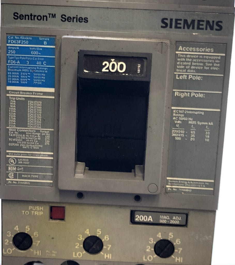 Siemens FD63F250 3 Pole 250 Amp 600 Vac Circuit Breaker w/200 Amp Trip ...