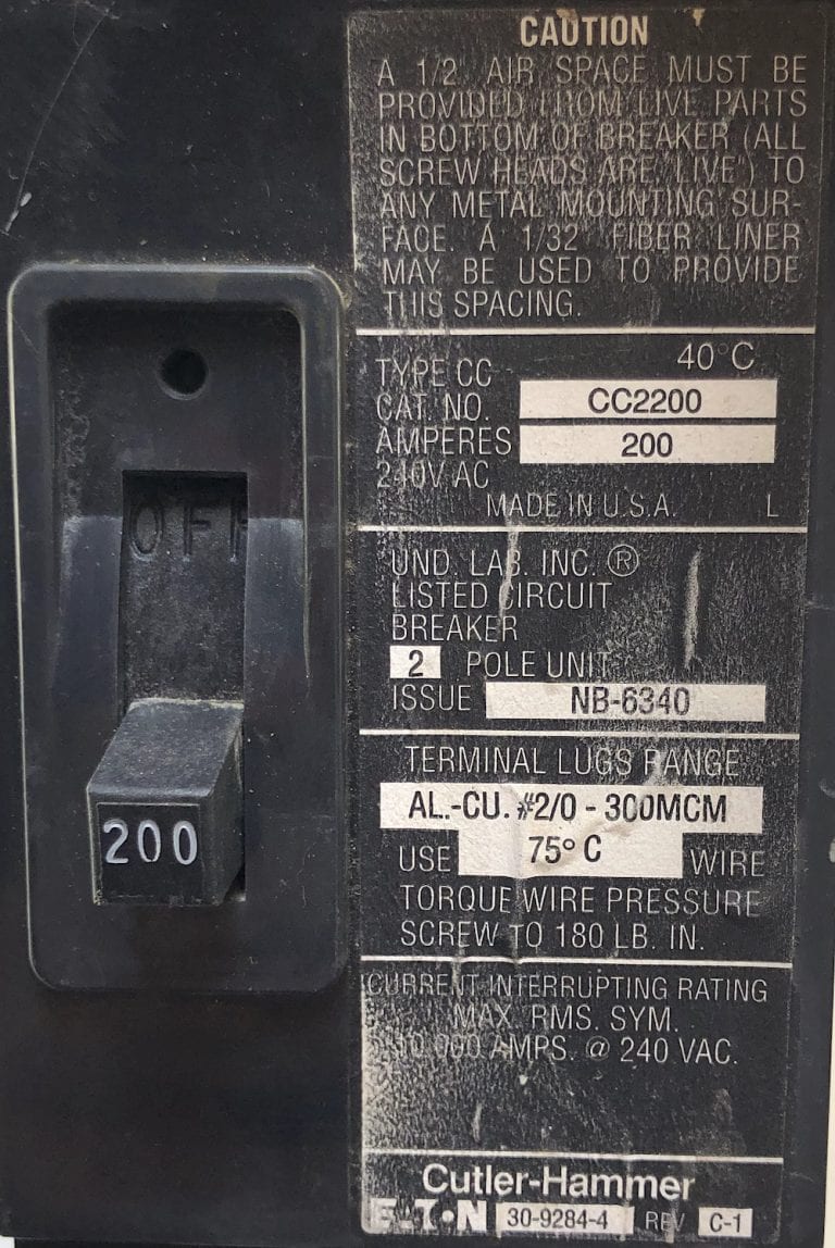 Cutler Hammer CC2200 2 Pole 200 Amp 240 Vac Circuit Breaker ...