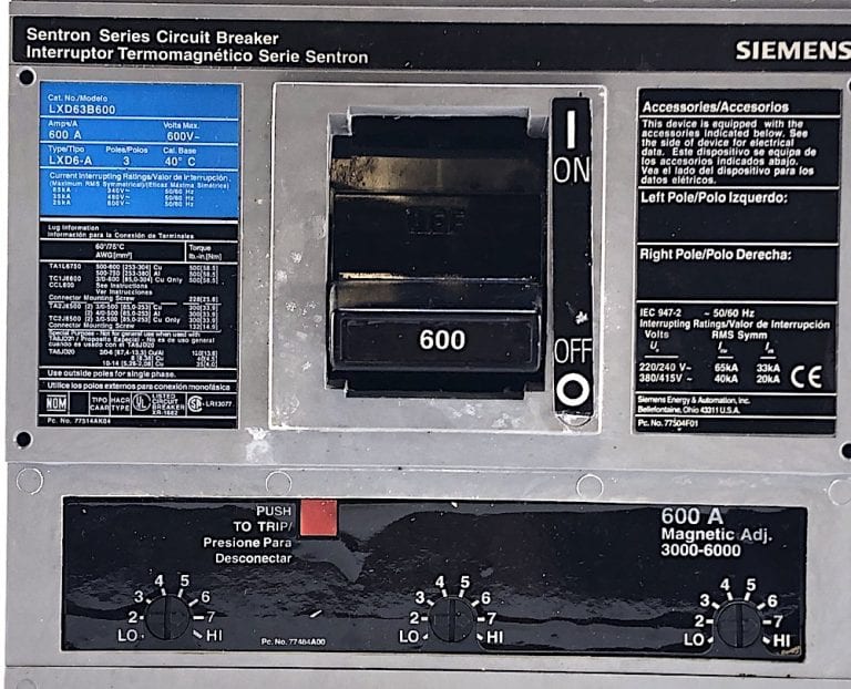 Siemens LXD63B600 3Pole 600Amp 600Vac Circuit Breaker w/600A Trip