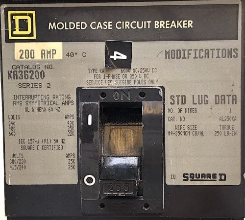 Square D KA36200 3 Pole 200 Amp 600 Vac I-Line Circuit Breaker ...