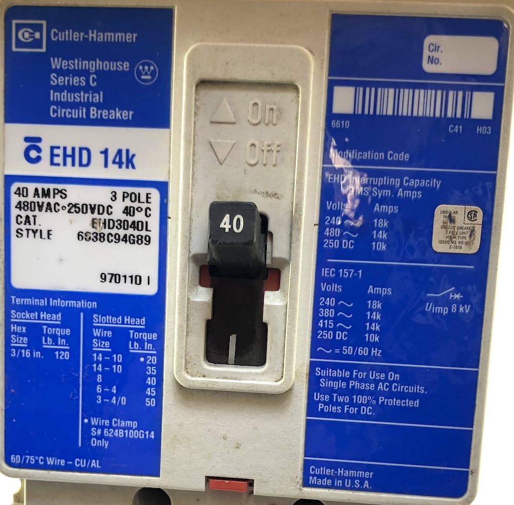 Cutler Hammer EHD3040L 3 Pole 40 Amp 600 Vac Circuit Breaker (R4 ...